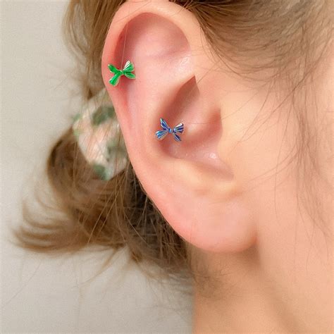 어반링 실버925 2color 블루그린 빈티지 컬러 리본 피어싱 위시버킷