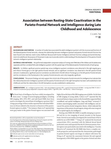Pdf Association Between Resting State Coactivation In The Parieto Frontal Network And