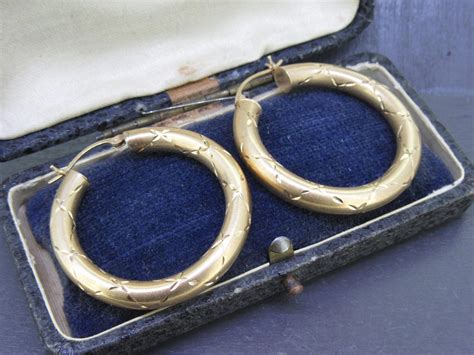 Vintage 14k Gold Hoop Earrings Etched Floral Pattern 1 38 Inch Hoops