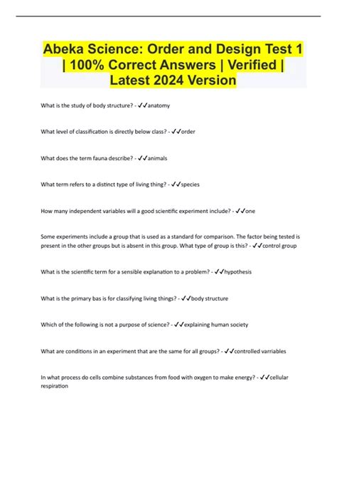 Order And Design Test 1 100 Correct Answers Latest 2024 Version Abeka Science Order And