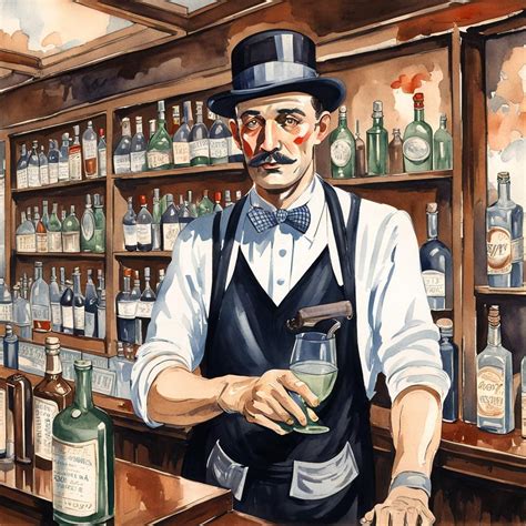 Shady Bartender Wearing Bowler Hat In Shirt Sleeves And Apron In A
