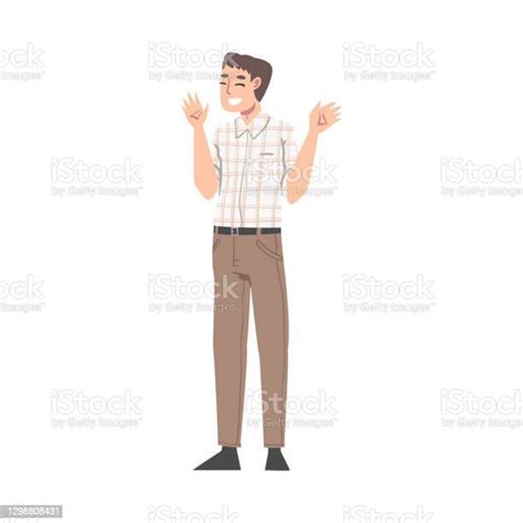 기쁨남성 캐릭터 손을 흔들고 기쁨과 흥분 전체 길이 벡터 일러스트와 미소 개념에 대한 스톡 벡터 아트 및 기타 이미지 개념 긍정적인 감정 표현 남자 Istock