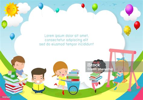 학교로 돌아가기 어린이 학교 교육 컨셉 아 이들은 학교로 이동 광고 브로셔 텍스트 어린이와 프레임 어린이와 프레임 벡터 일러스트 레이 션 만화 행복 한 아이 들을 위한