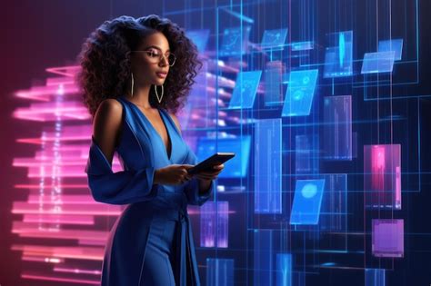 Premium Photo African Businesswoman Working With Data And Tablet Hologram With Digital Overlay