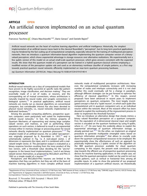 Xxxxx An Artificial Neuron Implemented On An Actual Quantum Processor Pdf