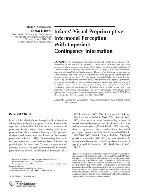 Pdf Infants Visual‐proprioceptive Intermodal Perception With Imperfect Contingency Information