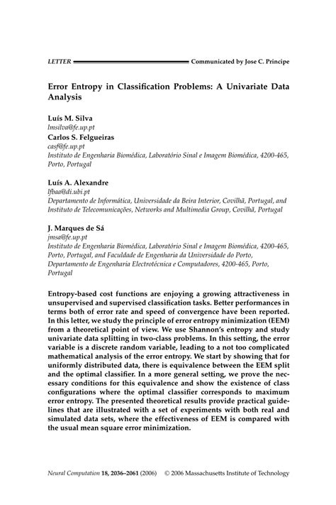 Pdf Error Entropy In Classification Problems A Univariate Data Analysis