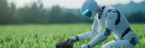 A Humanoid Robot Kneels In A Field Of Green Grass Carefully Planting A