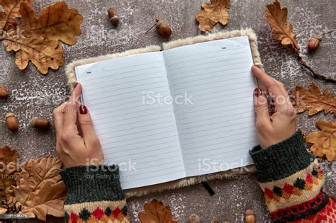 어두운 콘크리트 배경에 갈색 말린 잎과 도토리로 만든 가을 구성 템플릿 모형 빈 노트북과 펜으로 손 가을 할로윈 플랫 레이 복사 공간 배경 0명에 대한 스톡 사진 및 기타