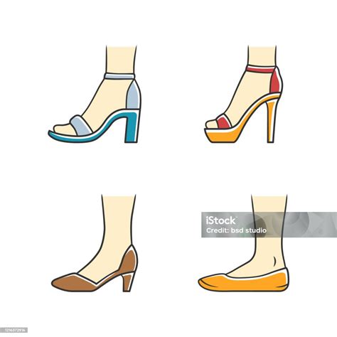 여성 정장 신발 색상 아이콘 세트 여성 우아한 하이힐 신발 세련 된 여성 클래식 펌프 스 발레리나 발목 스트랩 샌들 세련된 스틸레토 격리된 벡터 일러스트레이션 0명에 대한