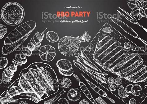 구운 고기와 야채 톱 뷰 프레임 벡터 일러스트입니다 새겨진 디자인 손으로 그린 그림입니다 그릴 레스토랑 메뉴 디자인 서식 파일입니다 그릴에 음식 굽기에 대한 스톡 벡터 아트