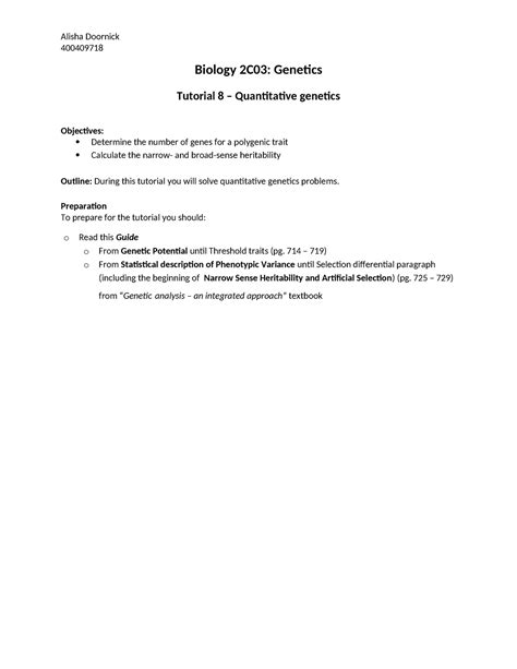 Tutorial 8 Quantitative Genetics 400409718 Biology 2c03 Genetics