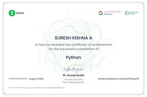 Suresh Kishna A On Linkedin Guvi Pythonprogramming Pythondeveloper Iitmadras Freshers