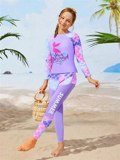 Tween Girl Vacation Beach Fish Scale Print Swimwear Set Shein Usa
