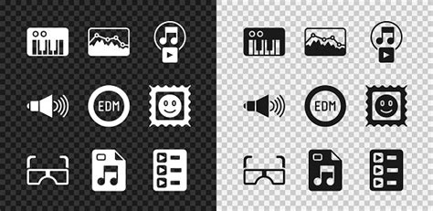 세트 음악 신디사이저 웨이브 이퀄라이저 광장에서 재생 안경 Mp3 파일 문서 재생 목록 스피커 볼륨 과 Edm 전자 댄스 음악 아이콘 벡터 Mp3 플레이어에 대한 스톡 벡터