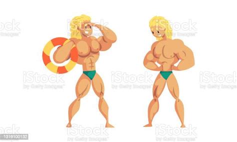 근육 젊은 남자 해변 인명 구조 수영복 세트 만화 벡터 일러스트에서 전문 구조자 캐릭터 인명 구조원에 대한 스톡 벡터 아트 및 기타 이미지 인명 구조원 가공의 인물