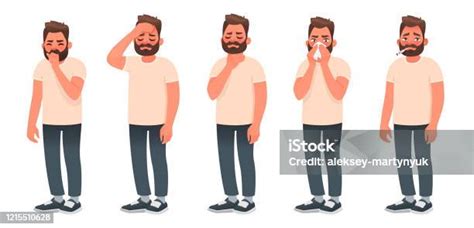 바이러스 감염 및 호흡기 질환의 증상 아픈 사람이 기침과 재채기를 합니다 두통 인후통 콧구멍 발열 질병에 대한 스톡 벡터 아트 및 기타 이미지 Istock