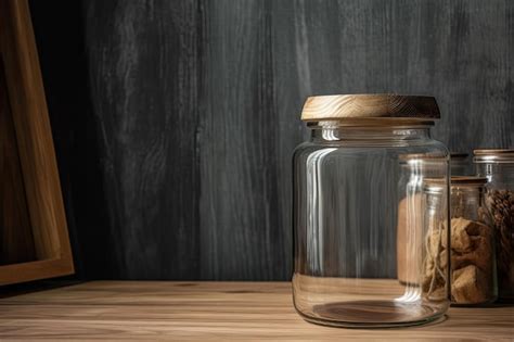 Premium AI Image Glass Jar On Wooden Desk With Area For Copies