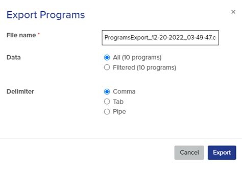 Manage Programs Export Programs Transferology Lab Support Center