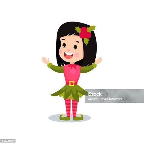 엘 프 축제 멋진 드레스 만화 벡터 일러스트 레이 션에 아이 의상에서 사랑 스러운 웃는 소녀 귀여운에 대한 스톡 벡터 아트 및 기타 이미지 Istock