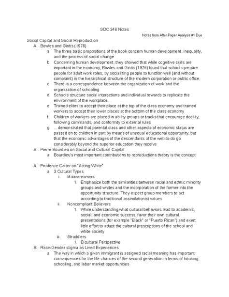 Soc 346 Lecture Notes Soc 346 Notes Notes From After Paper Analysis 1 Due Social Capital And