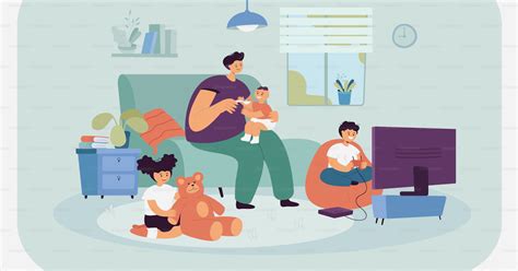 어린 아들에게 음식을 주는 행복한 만화 아빠 아버지는 집에서 아이들과 함께 시간을 보내고 소년은 거실에서 Tv로 게임을 한다 가족 아버지 개념 벡터