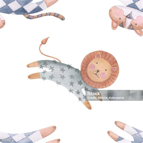사자와 호랑이 수채화 그림이 있는 매끄러운 패턴 하얀 배경에 고립된 손으로 그렸다 사자에 대한 스톡 벡터 아트 및 기타 이미지 사자 수채화 베이비샤워 Istock
