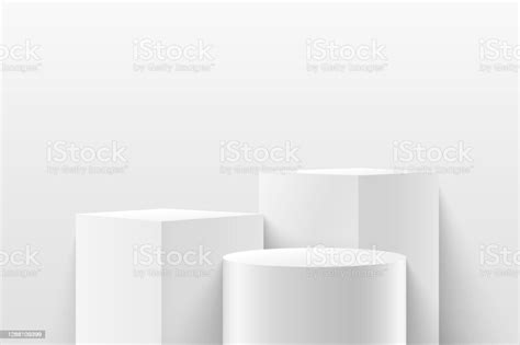 현대 웹 사이트에 제품에 대한 추상 큐브 및 원형 디스플레이 포디움과 최소한의 흰색 텍스처 벽 장면 3d 렌더링 기하학적 모양 회색 으로 배경 렌더링 벡터 일러스트레이션