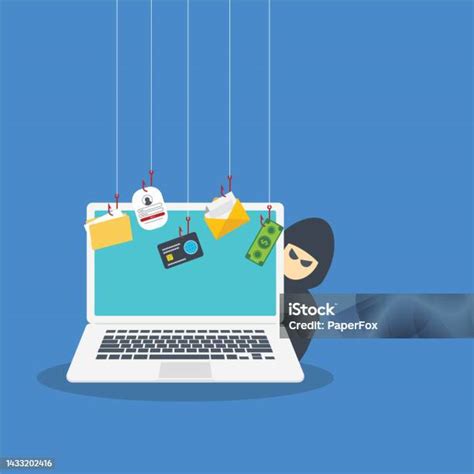기밀 데이터 개인 정보 및 신용 카드 세부 사항을 훔치는 노트북 컴퓨터와 해커 해킹 개념 화이트 칼라 범죄에 대한 스톡 벡터 아트 및 기타 이미지 Istock