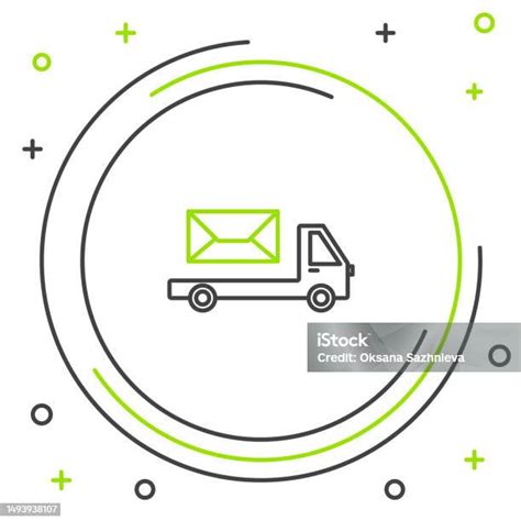검은색과 초록색 선 포스트 트럭 아이콘은 흰색 배경에 분리되어 있습니다 우편 차 봉투 또는 편지로 차량 트럭 운송 다채로운 개요