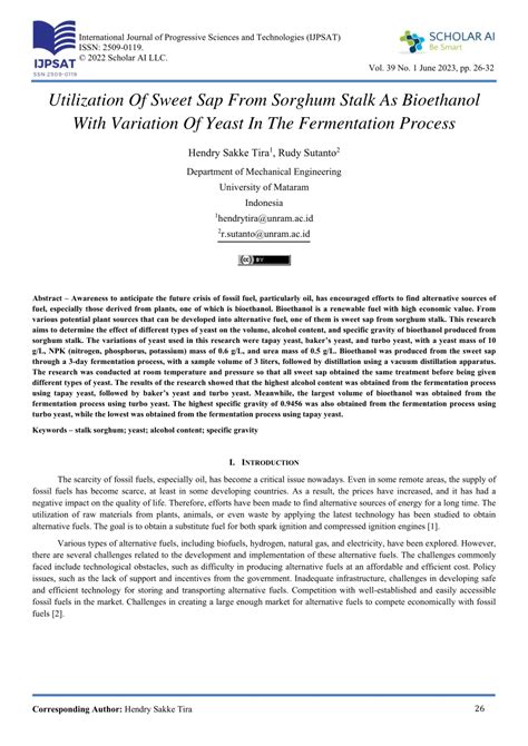 Pdf Utilization Of Sweet Sap From Sorghum Stalk As Bioethanol With Variation Of Yeast In The