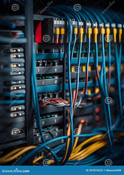 Network Cables Connected To Switch In Server Room Closeup View Stock Illustration