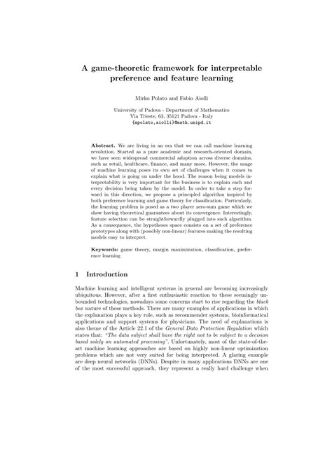 PDF A Game Theoretic Framework For Interpretable Preference And Feature Learning Th