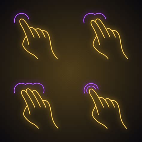 Touchscreen Gestures Neon Light Icons Set Tap Point Click Double