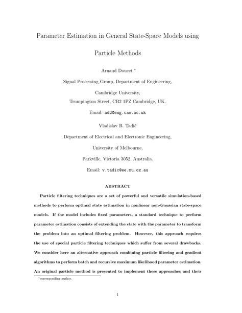 pdf parameter estimation in general state space models using particle methods