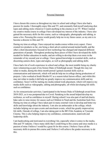 Personal Statement Docx Video Production Content Production