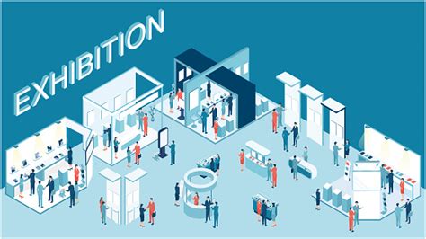 방문객으로 가득 찬 비즈니스 전시회 이벤트의 아이소메트릭 일러스트레이션 전시회에 대한 스톡 벡터 아트 및 기타 이미지 전시회