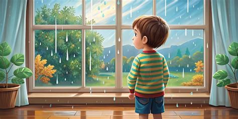 Boy Looking At Rain From Window Little Boy Preschooler Stands In Living