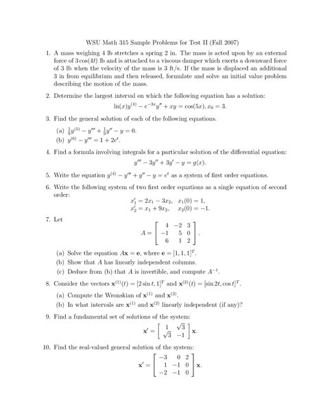 10 Questions Of Differential Equations Exam 2 Math 315 Docsity