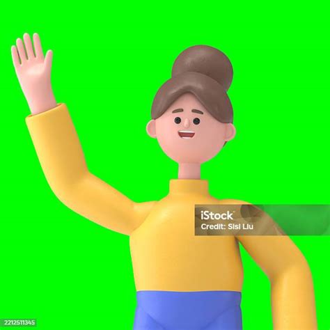 아시아 여성 안젤라의 3d 일러스트레이션 손을 들고 그린 스크린에 그린 스크린 Mockup3d 푸티지 및 클리핑 경로 렌더링 가공의 인물에 대한 스톡 사진 및 기타 이미지