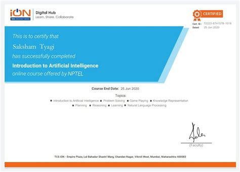 Saksham Tyagi On Linkedin Tcsion Nptel Artificialintelligence Ai Tcs