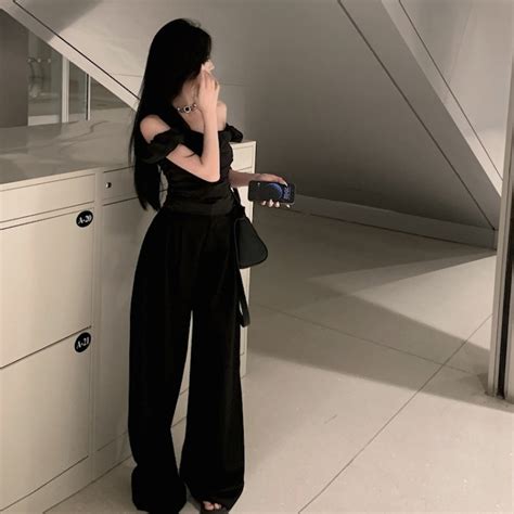 캐주얼룩투피스세트상품 블랙 오프숄더 민소매 반팔블라우스 롱팬츠 와이드슬랙스 와이드팬츠 블랙 검은바지 오버핏 정장 청순섹시 글램여성옷20대데이트룩여자옷