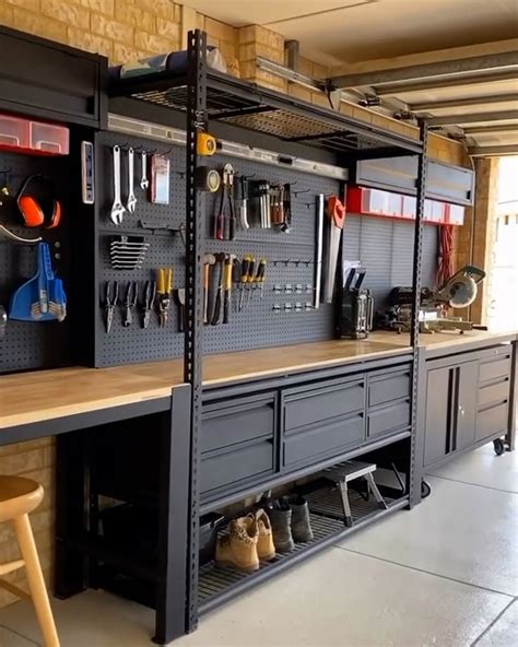 An Organized Workbench In A Garage With Lots Of Tools And Accessories An Organized Workbench In A Garage With Lots Of Tools And Accessories