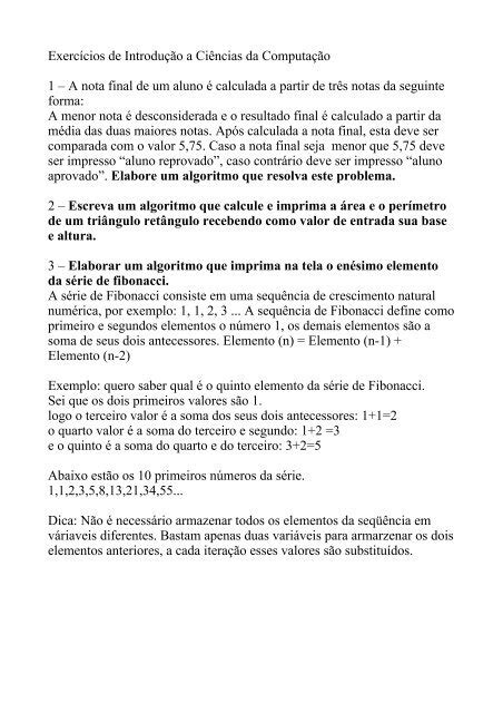 Lista De Exercícios Sobre Introdução Aos Algoritmos E