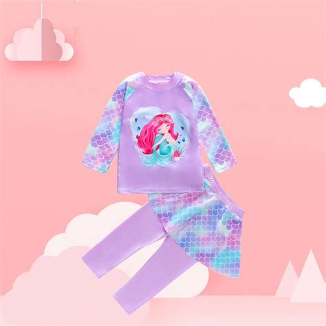 Jqk ชุดว่ายน้ำเด็กผู้หญิง ลายนางเงือกน้อย เสื้อแขนยาว กระโปรงกางเกงขายาว มี3สี รุ่น 0709