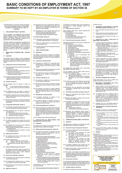 Basic Conditions Of Employment Act Poster A1 Laminated