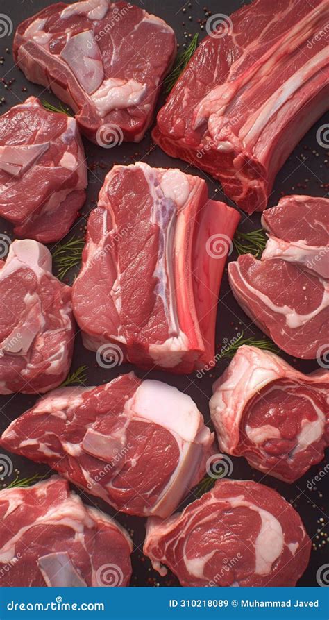 Culinary Selection Assorted Raw Meat Cuts Presented In A Variety Stock