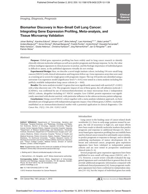 pdf biomarker discovery in non small cell lung cancer integrating gene expression profiling