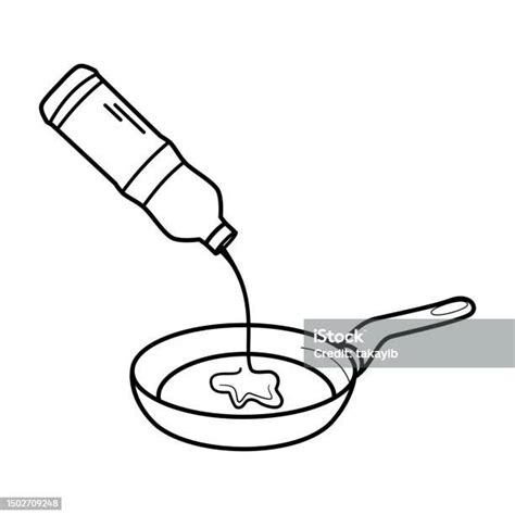 병의 식용유를 스토브의 팬에 붓습니다 흰색 배경에 편집 가능한 획 플랫 벡터 그림입니다 팬 주방용구에 대한 스톡 벡터 아트 및 기타 이미지 팬 주방용구 식용유 병