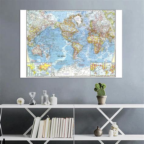 빈티지 세계지도 1960 포스터 및 인쇄 벽 스티커 225150cm 물리적 세계지도 그림 학교 사무실 가정 용품 지도